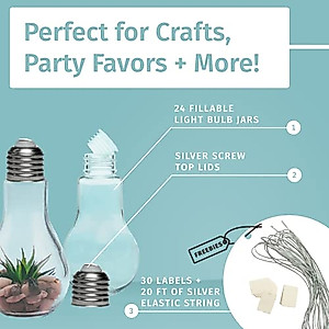 Plastic Light Bulb Jars Silver - 24pc Case - 100ml Clear - with Labels and String - Fillable with Candy, Ideal for Crafts