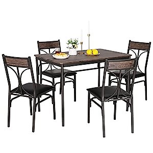 VECELO 5 Piece Kitchen Room Chairs Set for Home, Dinette, Breakfast Nook, Farmhouse, Small Space, Dining Table for 4, Dark Brown