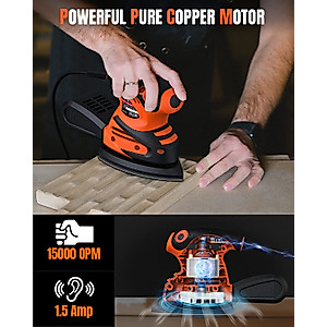 DWT Detail Sander, 1.5A 15000 OPM Electric Sander with 24pcs Sandpapers, Efficient Dust Collection System & Detail Finger Attachment, Soft Grip Handle, Compact Hand Sander for Woodworking