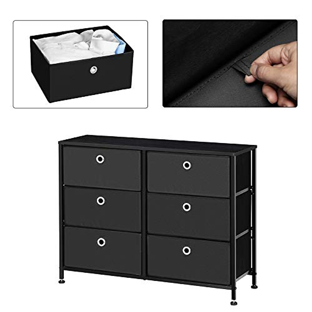 SONGMICS 3-Tier Dresser, Storage Unit with 6 Easy Pull Fabric Drawers, Metal Frame, and Wooden Tabletop, for Closet, Nursery, 31.5", Black