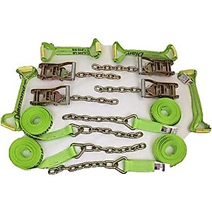 Safe 'n Secure 8 Point Heavy Duty Hi Viz Diamond Weave 18' Strap Kit for Rollback/Flatbed Tie Downs with 12" Chain Tail