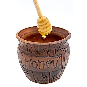 Honey Jar with a Dipper 16oz. Ceramic Honey Pot Made Out of Solid Clay Piece. Honey Container, and a Great Rustic Bowl for Gift (Brown) - Ceramic Beehive Honey Pot with Dipper.