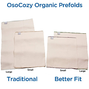 OsoCozy Organic Cotton Prefold Cloth Diapers Traditional Fit Small 4x8x4 Layering (6pk) - Super-Soft, Thick, Absorbent and Durable. Unbleached Natural Color, Fits 7-15 lbs.