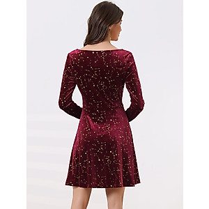 Allegra K Women's Christmas Stars Square Neck Vintage Velvet Mini Dress Medium Red