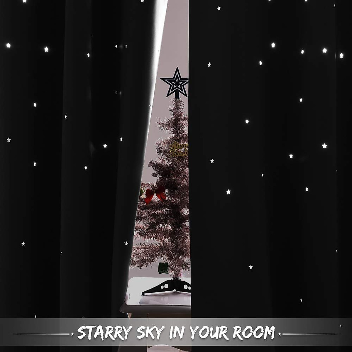 NICETOWN Children Blue Blackout Curtain - Hollow Star Space Inspired Night Sky Twinkle Christmas Star Curtain, Window Drape for Bedroom (1 Panel, 52 x 63 inches Panel, Navy Blue)