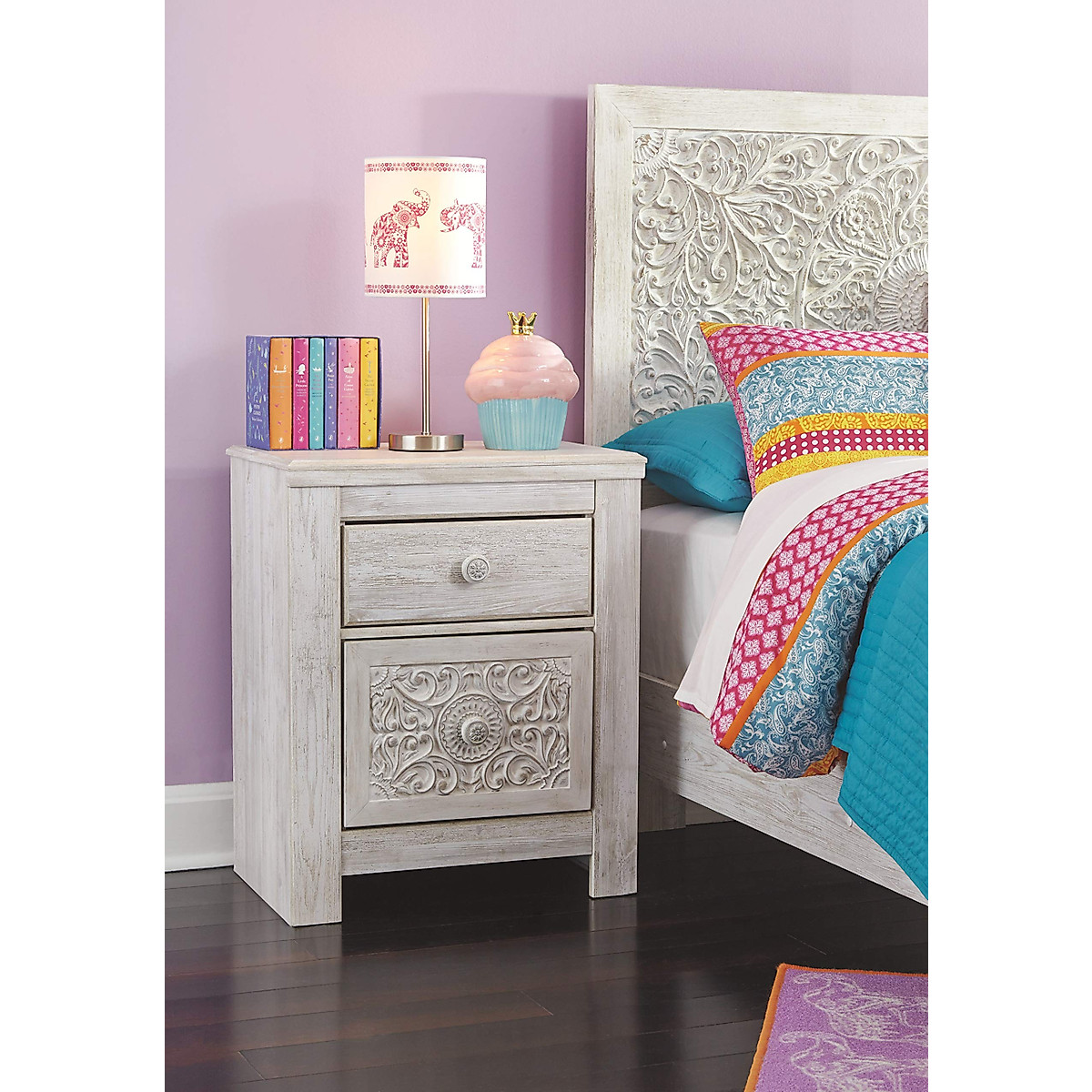 Signature Design by Ashley Paxberry Boho 2 Drawer Nightstand with 2 Slim-Profile USB Charging Ports, 29.21" Tall, Whitewash