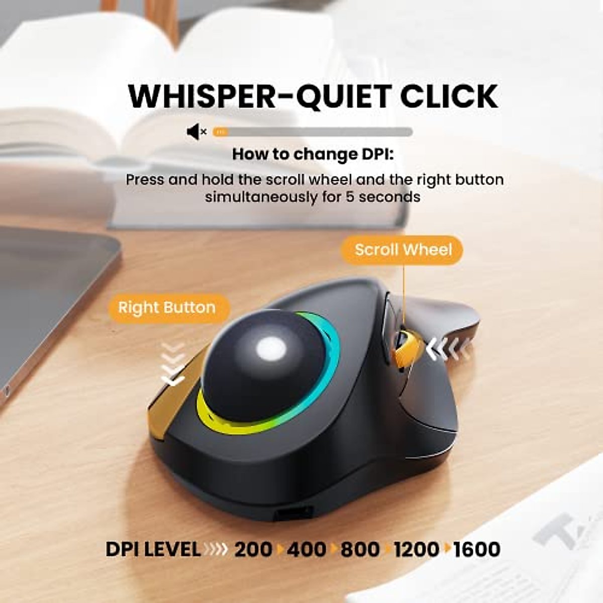 ProtoArc Wireless Bluetooth Trackball Mouse, EM03 Ergonomic RGB Rollerball Mouse Rechargeable Computer Laptop Mouse, 3 Device Connection&Index Finger Control for iPad, Mac, Windows-Black