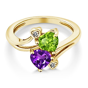 Gem Stone King 10K Yellow Gold Heart Shape Purple Amethyst Green Peridot and Diamond Accent Ring For Women | 1.51 Cttw | Heart 6MM | Gemstone Birthstone | Available In Size 5, 6, 7, 8, 9