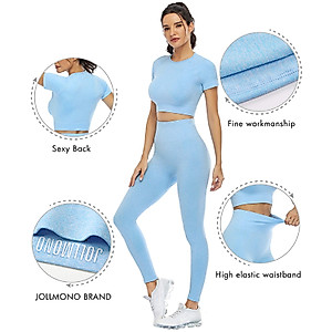 JOLLMONO 2 Piece Short Sleeve Outfits for Women Seamless Crop Tops Set for Women Workout Set(8005L-Light Blue)