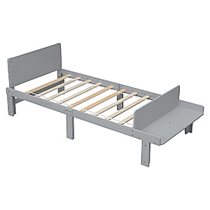Kids Bed Twin Size, Wood Platform Bed with Headboard and Footboard Bench, Wooden Twin Bed Frame with Slats Support for Boys Girls, No Box Spring Needed, Gray