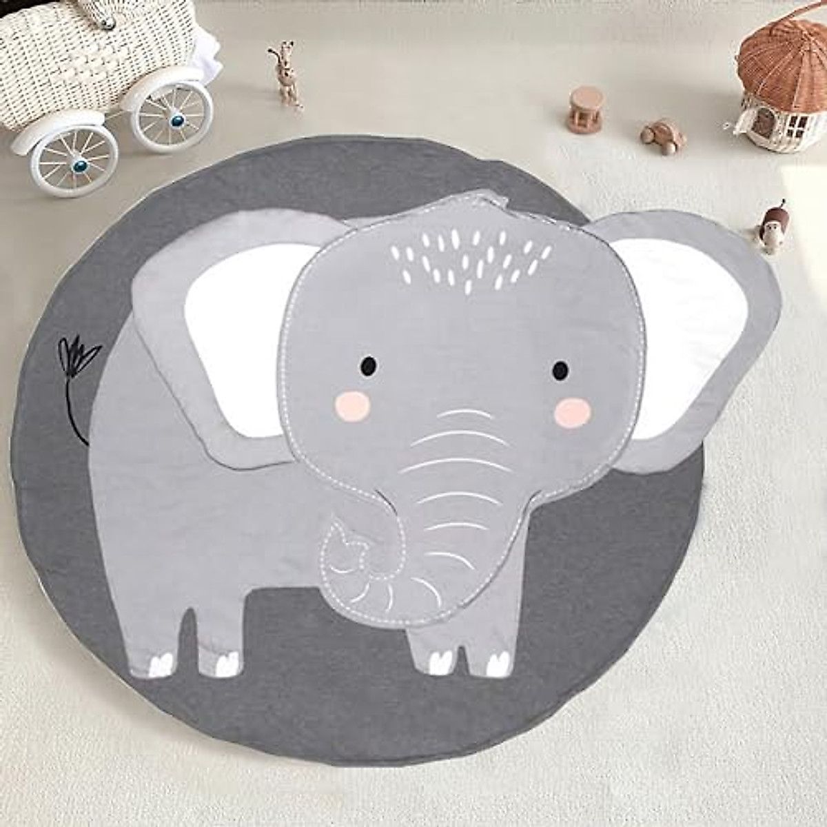 Ustide Nursery Kids Rug Creeping Crawling Mat Elephant Baby Rug Childrens Floor Area Rug Mat 100% Cotton Baby Crawling Mat Round Infants School Carpet Decor, Gray Round Cartoon Mat