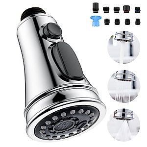 Kitchen Faucet Spray Head Replacement - Pull Down Faucet Sprayer Head with 9 Adapters, 3-Function Kitchen Sink Faucet Head, Replacement Pull Out Faucet Head Nozzle, Chrome