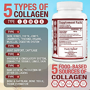 Purely Optimal Premium Multi Collagen Peptides Capsules (Types I, II, III, V, X) - Hair, Skin and Nails, Digestive & Joint Health Supplement, Hydrolyzed Collagen Pills (90 Capsules)
