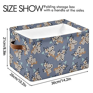 Koala Floral Storage Basket Collapsible Storage Bins Box Cubes Fabric Clothes Hamper Toy Chest Gift Baskets for Shelves Home Shoes Office Nursery with Leather Handles