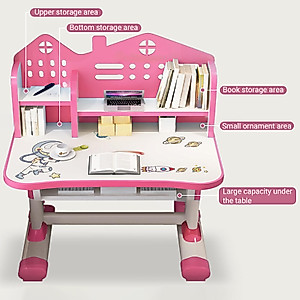 Kids Functional Desk and Chair Set, Ergonomic Height Adjustable Children School Study Desk with Large Desktop, Book Stand, Bookself, Metal Hook and Storage Drawer for Boys Girls Xmas Birthday Gifts P