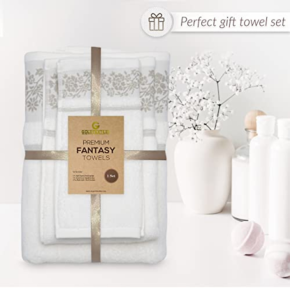 GOLD TEXTILES Fantasy Collection Premium Bathroom Towel Set Includes Bath Towel (27x54) - Hand Towel (16x30) 2 washcloths (13x13) - Perfect for Gift, Home, Hotel –Lightweight (White, Amania)
