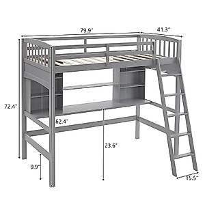 Karl home Loft Bed Twin Size, Wood Bed Frame with Safety Guardrails and Inclined Ladders, Bunk Bed with Desk and Shelves, Grey