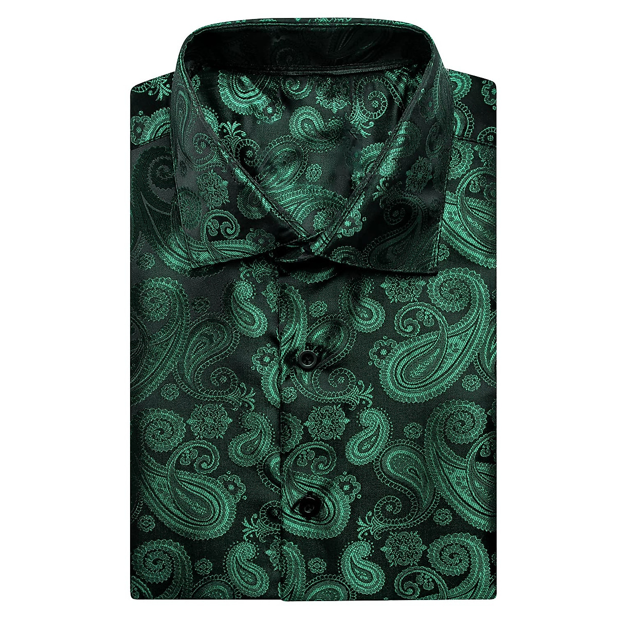 Hi-Tie Silk Dark Green Mens Dress Shirt Jacquard Short Sleeve Regular Fit Turn Down Collar Shirts for Casual Vacation Party