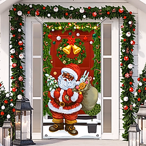 Christmas Door Cover Black Santa Claus Decorations Merry Christmas Banner Decor Christmas Bells Tree Vintage Wall Hanging Banner for Christmas Party Supplies (35 x 70 Inches)
