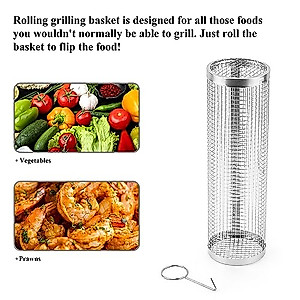 HomeEase 2pcs Round Rolling Grilling Baskets for Outdoor Grilling, Grill Baskets for Outdoor Grill for Fish, Shrimp, Meat, Vegetables, Fries (2PCS- Large)