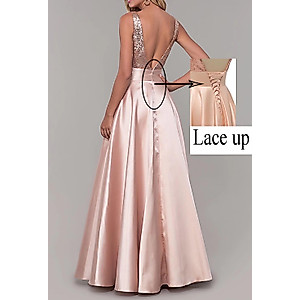 V Neck Prom Dress Sequins Satin Long 2025 New Formal Evening Dresses Ball Gowns for Women with Pockets Rose Gold