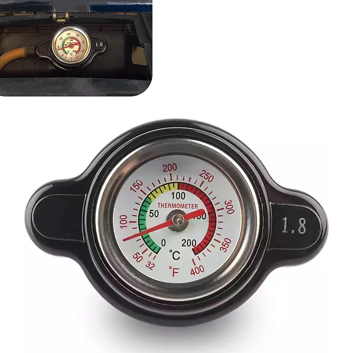Fogfar 1 PC 1.8 Car High-Pressure Radiator Cap with Temperature Gauge, Durable Metal Automotive Modified Fuel Tank Cap, Universal Vehicle Radiator Cap Accessories for Motorcycle Truck SUV (Black)