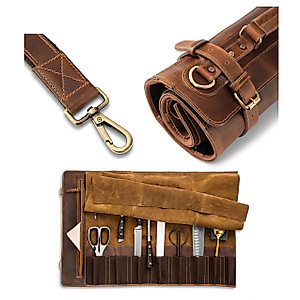Angus Stoke Premium Leather Knife roll Storage Bag XXL - 14 Pockets, Buffalo Leather with Shoulder Strap, Chef's Knife Bag case Rene (Walnut-Brown)