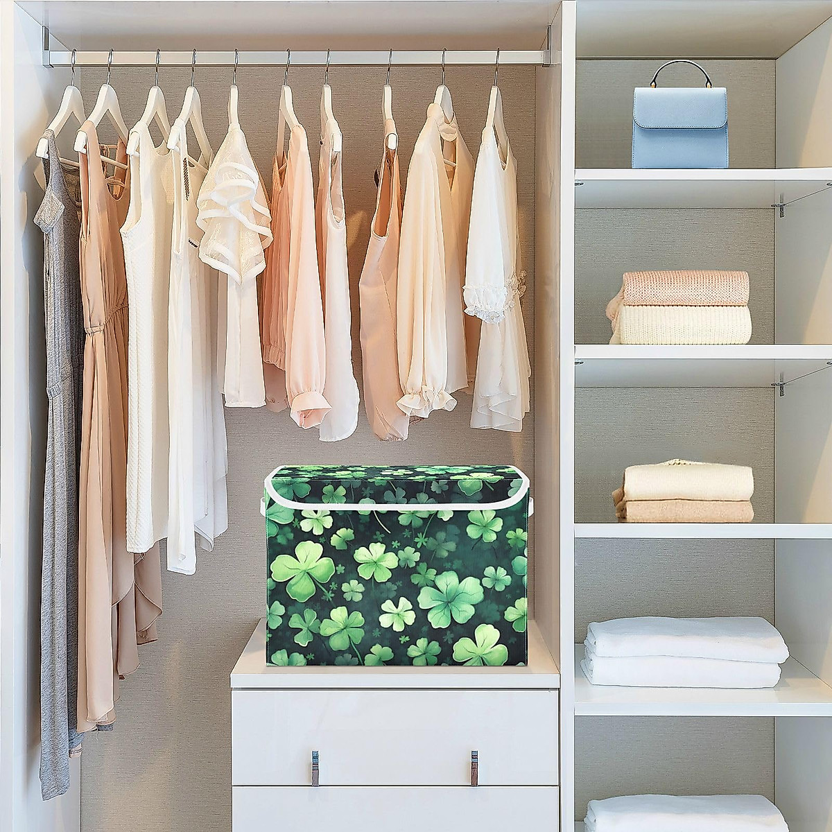 senya St. Patrick's Day Baskets Collapsible Storage Bins with Lids, St Patricks Clover Leaves Storage Boxes Clothes Baskets for Organizing