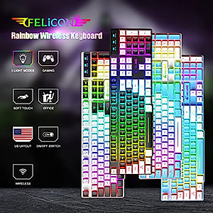 Wireless Gaming Keyboard and Mouse Combo Muti-Color Keycaps Rainbow Backlit Mechanical Feel Keyboard RGB Carck Luminescent Mice Mouse Pad for PC/Mac Gamer, Typist, Travel