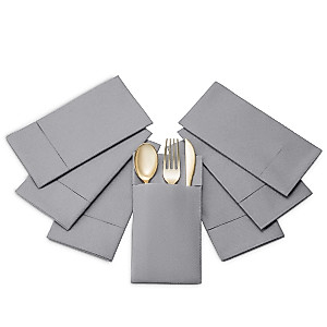 50-Pack Disposable Linen-Feel Dinner Napkins with Built-in Flatware Pocket, GRAY Prefolded Cloth Like Paper Napkins For Dinner, Wedding Or Party [Silverware NOT Included]