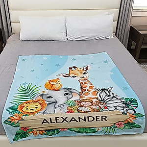 Toyshea Safari Blanket Personalized Baby Blankets with Custom Name 30x40 50x60 60x80 Animals Soft Fleece Or Sherpa Throws for Kids Baby Girls Boys Toddler Newborn Children Babies Nursery Stuff Gifts