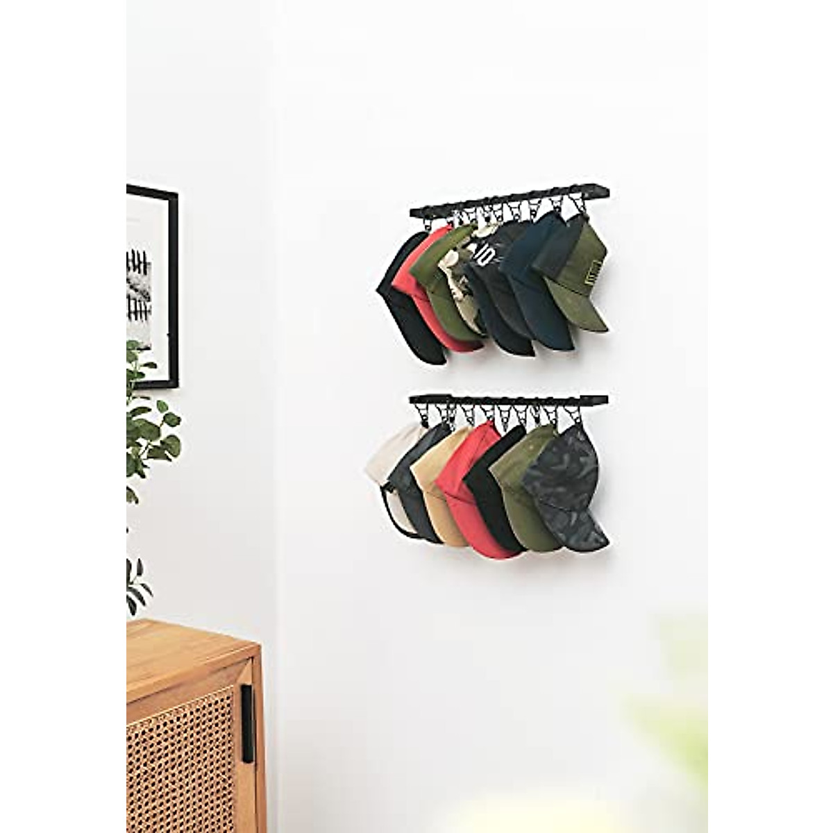 Dahey Hat Rack for Wall Baseball Hat Organizer Hanger Caps Holder with 20 Clips Metal Wall Mounted Cap Organizer for Closet Door Bedroom Entryway Laundry,Set of 2,Black