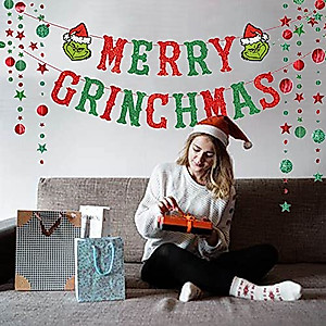 Merry Grinchmas Banner, 16.5Ft Red and Green Glitter Grinch Christmas Banner, Merry Grinchmas Party Decorations for Home Wall Office Mantel Fireplace Grinchmas Christmas Decorations