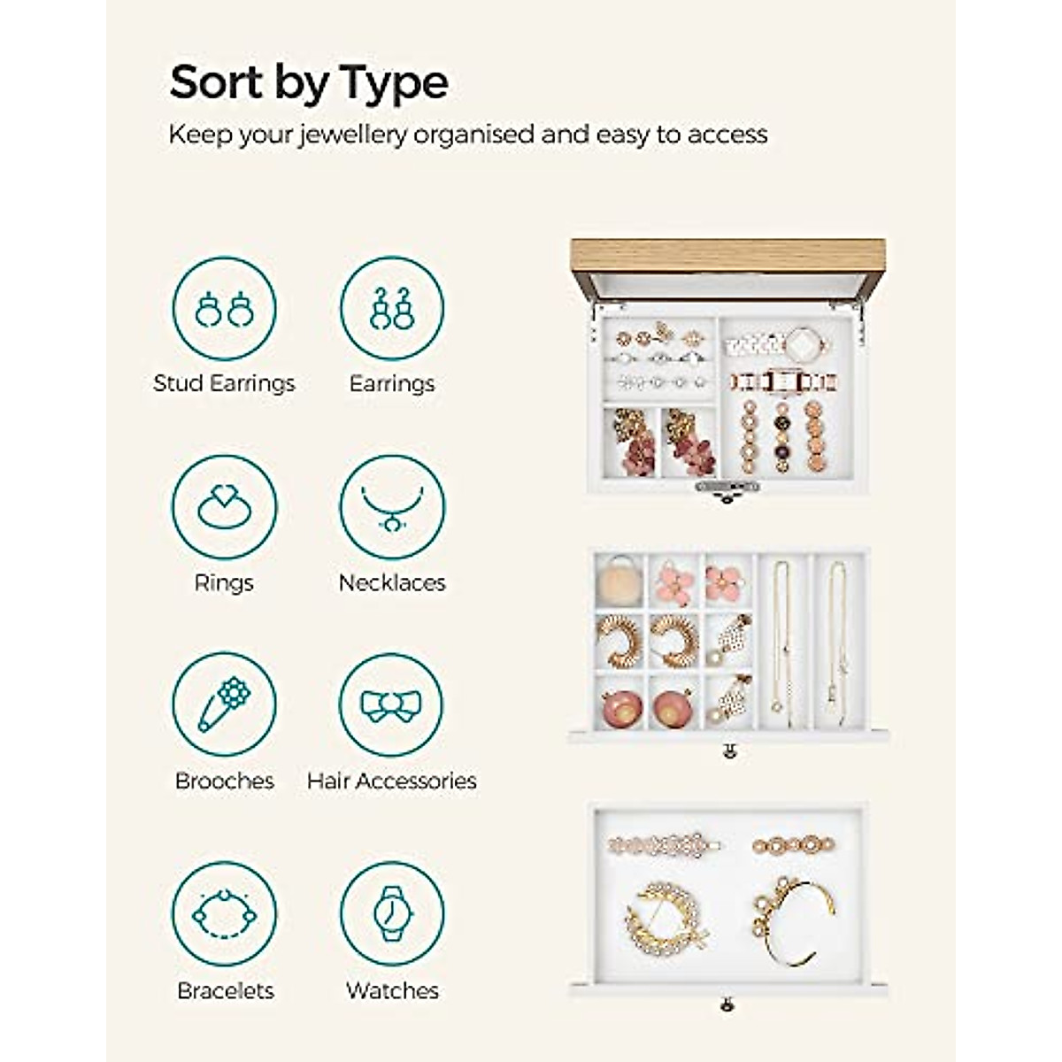 SONGMICS Jewelry Box, 3-Tier Jewelry Organizer Box, Locking Jewelry Case with Large Mirror, 2 Drawers, Gift Idea, for Rings, Earrings, Bracelets, Necklaces, White and Wood Grain Color UJOW15WN