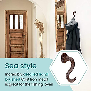 Brown Cast Iron Wall Hook Octopus Tentacle, Marine Themed Clothing Hook with Attachment Hardware.