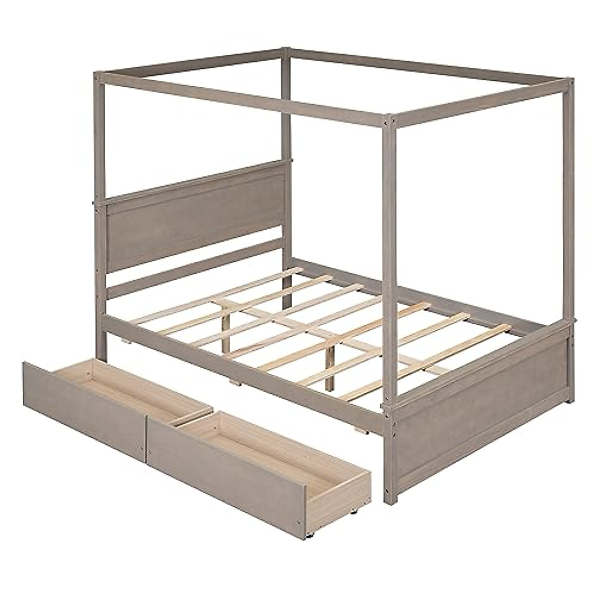 SIYSNKSI Modern Full Size Canopy Platform Bed with 2 Drawers, Wood Canopy Platform Bed with Support Slat, 4-Post Canopy Platform Bed Frame for Kids Teens Adult (Brushed Light Brown-2 Drawers)