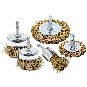 LINE10 Tools 5pk Wire Brush Drill Attachment Set Brass Coated for Cleaning Rust Hex Shank Fits Impact Driver