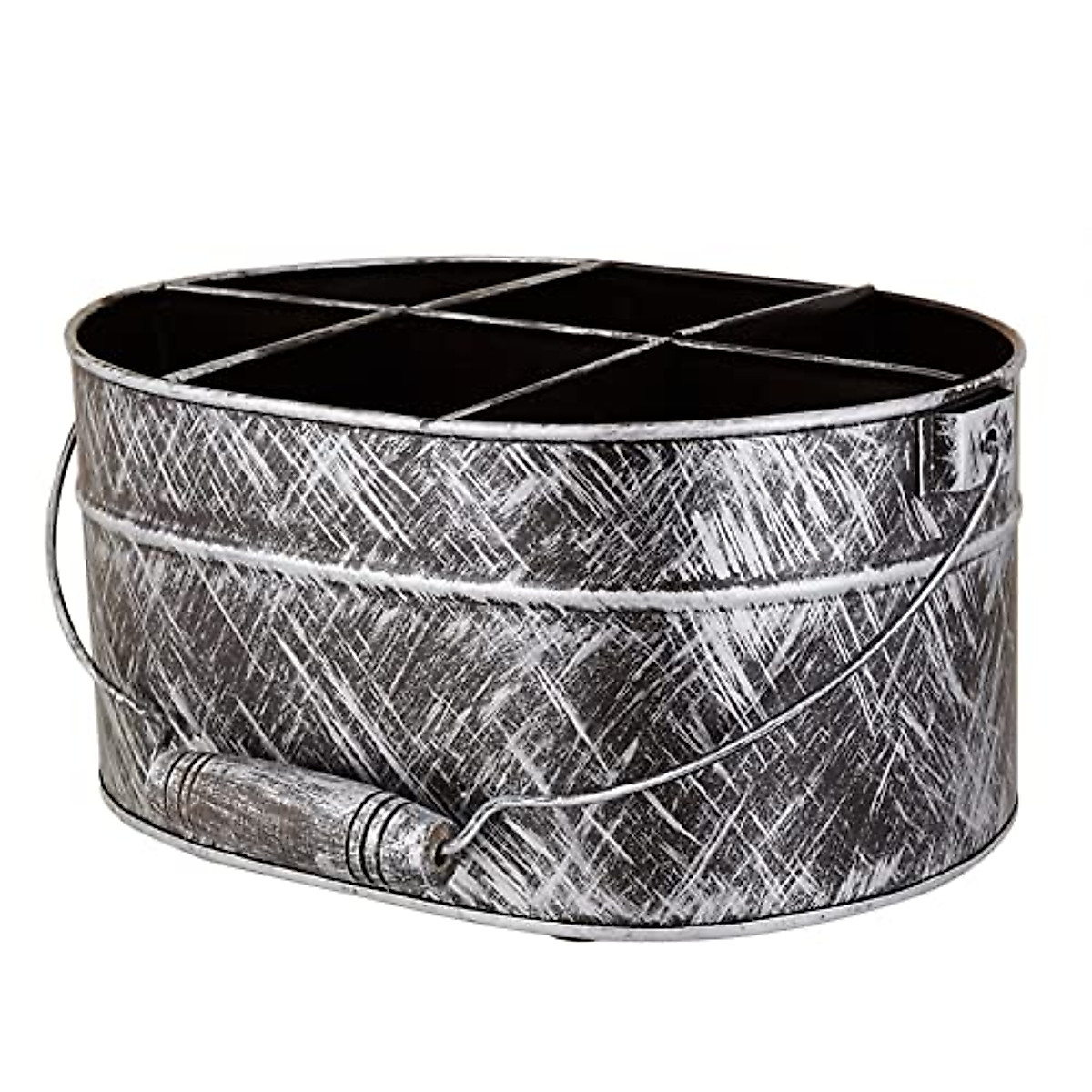 Black & Silver Metalic Caddy Plain 10.5 x 8 x 5 - Galvanized Metal Organizer for Kitchen Counter - Comfortable Wooden Handle /Indoor/Outdoor Storage For Flatware, Condiments, Party Cutlery, Arts