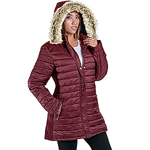 Facitisu Womens Winter Warm Jacket Long Down Faux Fur Hooded Quilted Sherpa Lined Coat (Wine, L)