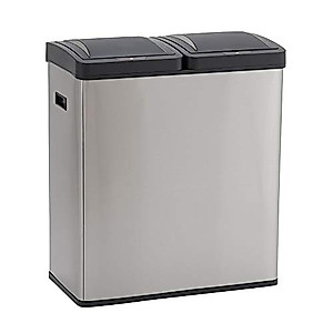 Design Trend Stainless Steel Dual Compartment Sensor Trash Can Recycler with Soft Close Lids | Two 30 Liter / 8 Gallon Bins, Silver