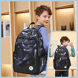 ETAISHOW Geometric-Print Kids School Bag Backpack for Boys Elementary Middle High Bookbag Back Pack for Teens Black Red