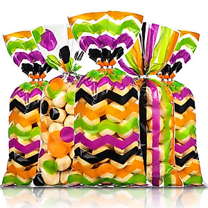105 Pcs Cellophane Treat Bags, Halloween Themed Trick Polka Dot Stripes Goodie Candy Party Favor Gift Bags with 100 Twist Ties Halloween Decorations for Birthday Party Baby Shower Holiday Fall