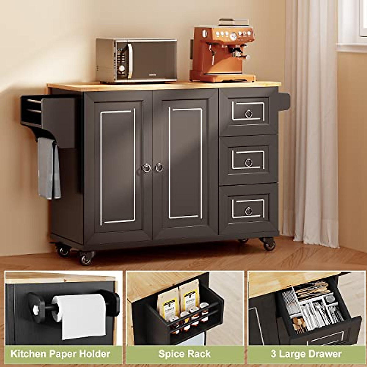 Qsun Kitchen Island with Storage on Wheels with Drop Leaf, Kitchen Island Cart with Rubber Wood Top, Large Storage Cabinet, Three Large Drawers, Side Towel Rack and Spice Rack (Black)