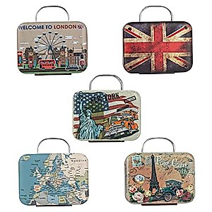 Framendino, 5 Pack Mini Suitcases Boxes Small Cartoon Tin Plate Gift Box Rectangular Coin Container Handbag with Handle for Party Wedding Decorations (Style D)