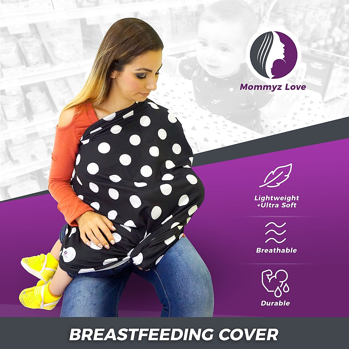 Nursing Breastfeeding Cover/Scarf + Baby Car Seat Cover/Canopy + Shopping Cart/Stroller Cover + High Chair Cover for Infant Girls and Boys. Best 4 in 1 Multi Use Stretchy Covers (Dots)
