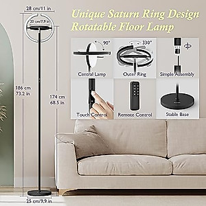 FIMEI Floor Lamp, Modern Bright Standing Lamp with Split Rotatable Outer Ring Light, 3 Color Temperature and Stepless Dimming, Remote/Touch Independent Control for Living Room Bed Room Office, Black