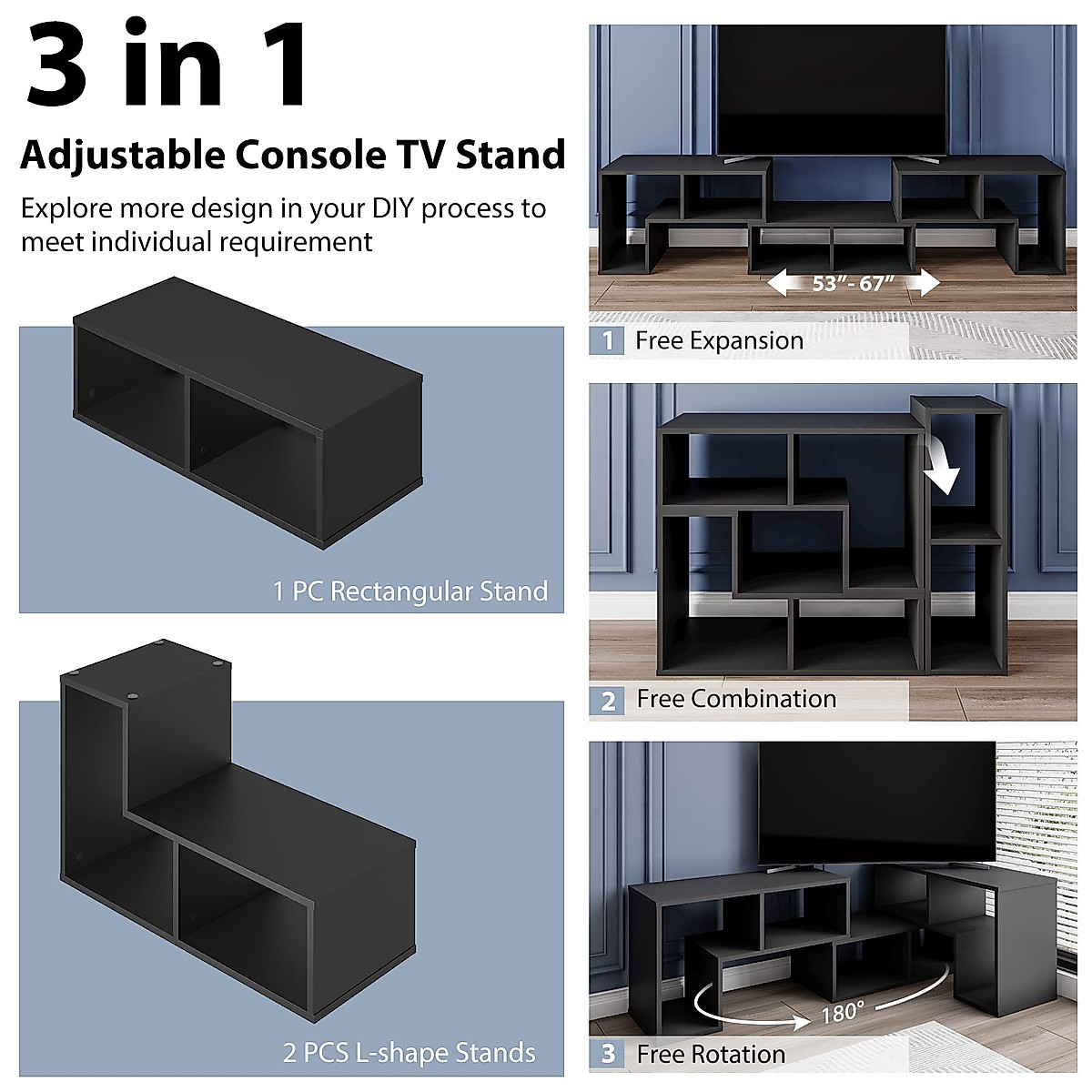 Tangkula 3 Pieces Console TV Stand, Free-Combination Entertainment Center for 50 55 60 65 Inch TV, Minimalist Modern TV Media Stand, DIY Open Storage Bookcase Shelf for Living Room (Black)