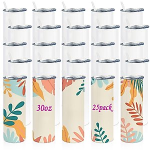 AiHeart 30oz Sublimation Straight Skinny Tumblers with Straw and Lid,Sublimation Stainless Steel Blanks Bulk,Double Wall Vacuum Insulated Tumblers,Metal Water Cup(25Pack White)