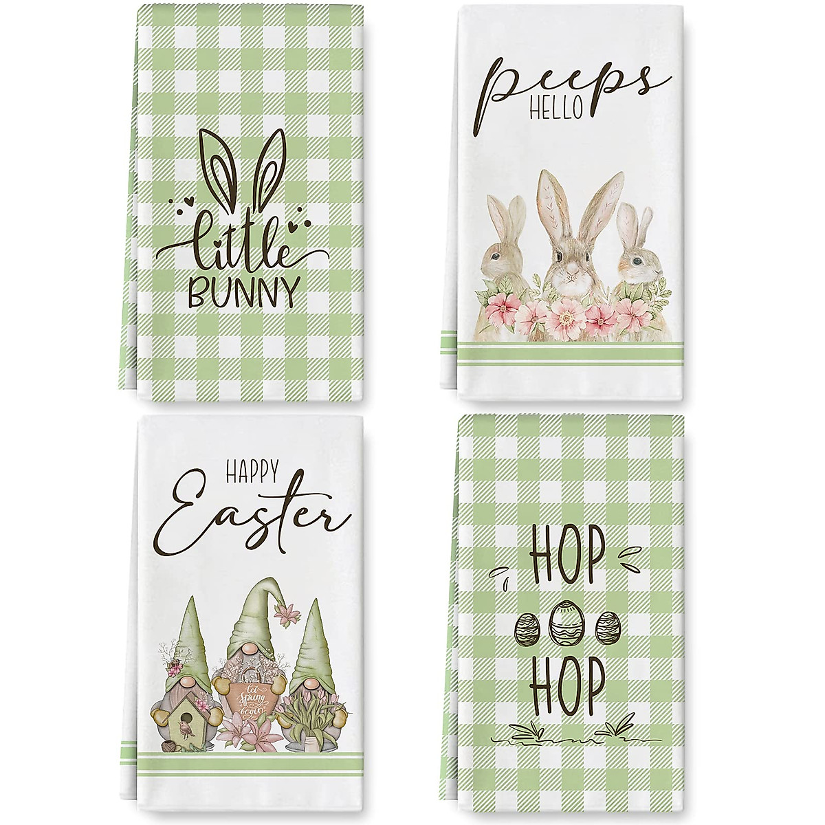AnyDesign Easter Kitchen Towel 18 x 28 Green White Buffalo Plaids Dishcloth Easter Bunny Rabbit Gnome Cloth Tea Towel Spring Decorative Hand Towel for Bathroom Kitchen Home Cooking Baking, 4Pcs