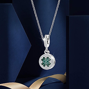 QeenseKc Lucky Four-Leaf Clover Dangle Charm St. Patrick's Day Crystal Bead for Pandora Charm Bracelet, Copper,Green